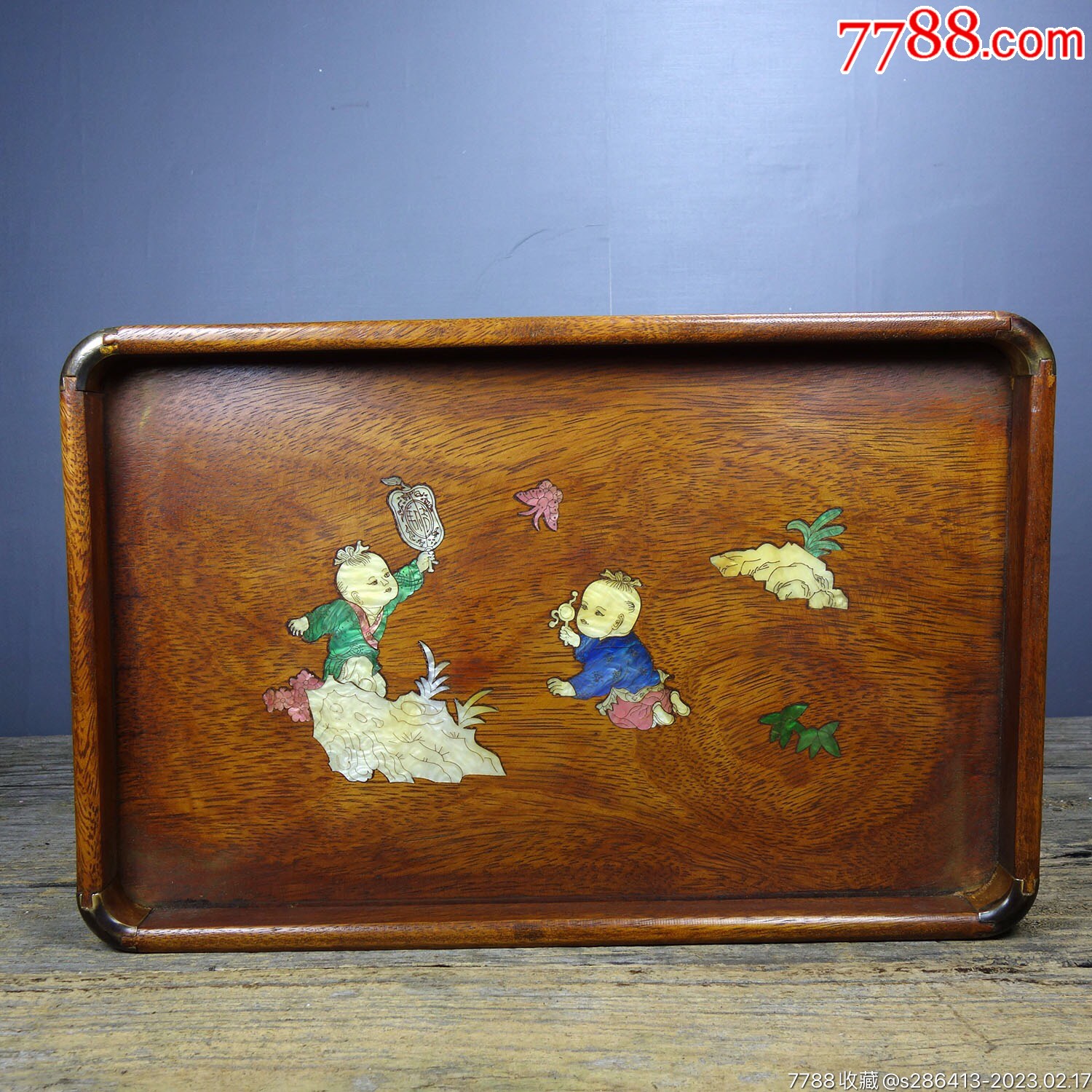 旧藏花梨木镶嵌贝壳盘子茶盘果盘尺寸：长35cm宽23cm高3c__【7788收藏__收藏热线】