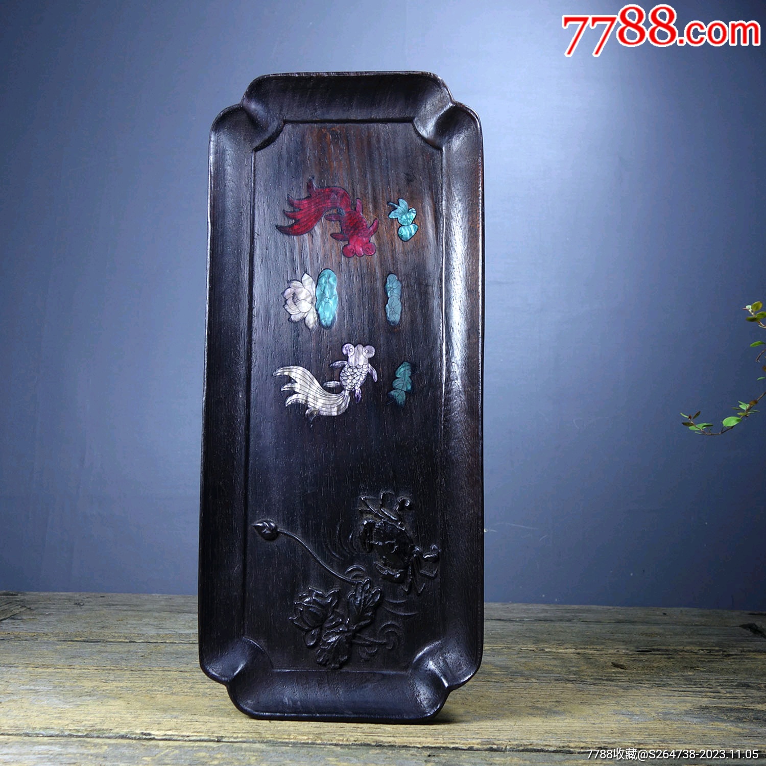 旧藏紫檀镶嵌贝壳盘子茶盘干果盘尺寸：长35cm宽15cm高3cm_实木茶盘_真诚玉园【7788收藏__收藏热线】